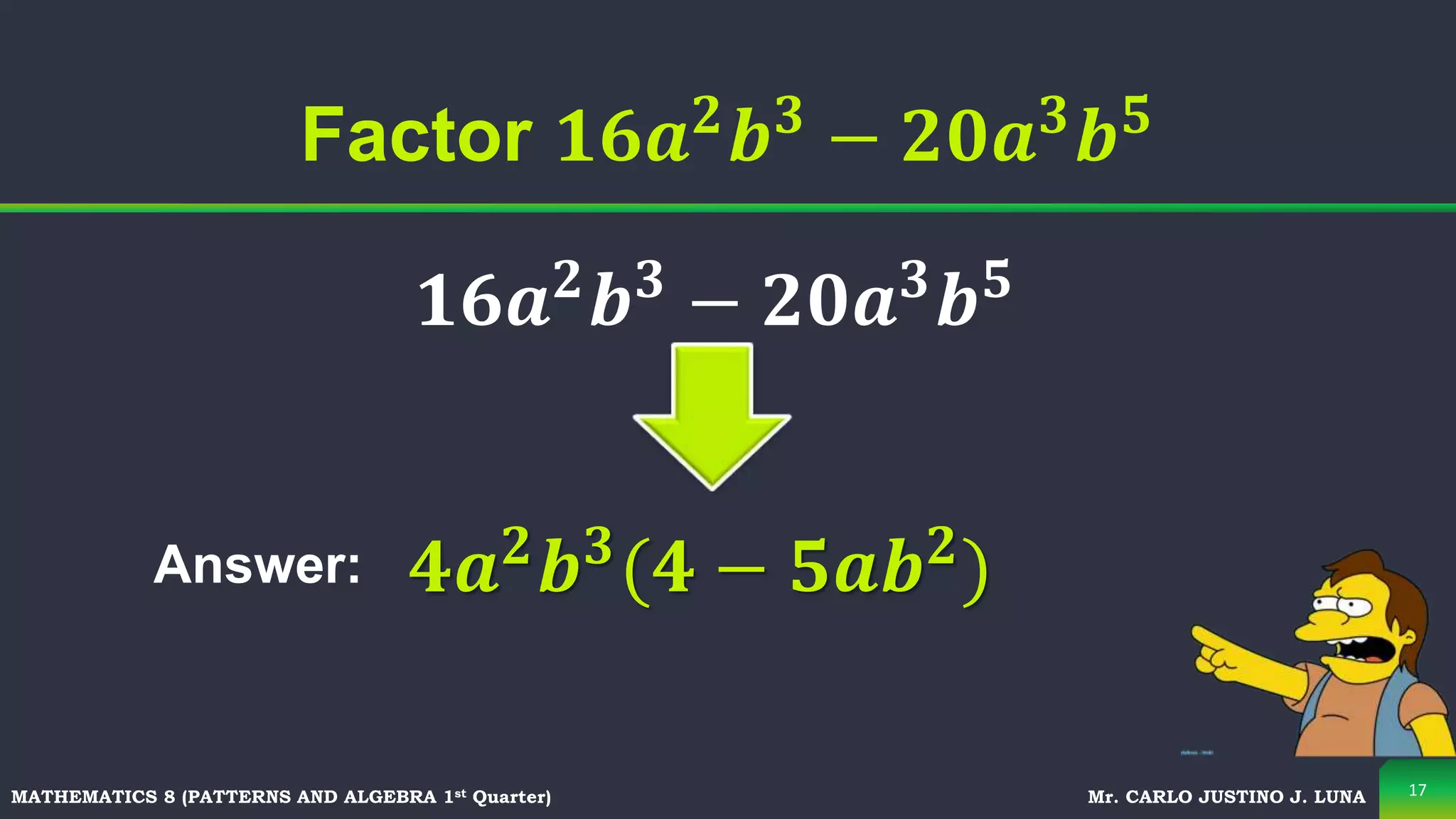 Factoring Techniques: Common Monomial Factor | PPSX
