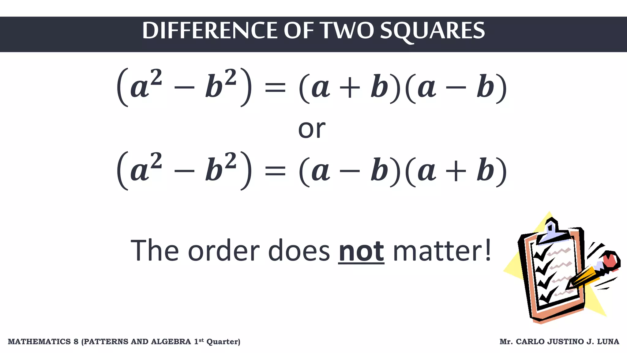 Factoring Techniques: Difference of Two Squares | PPSX