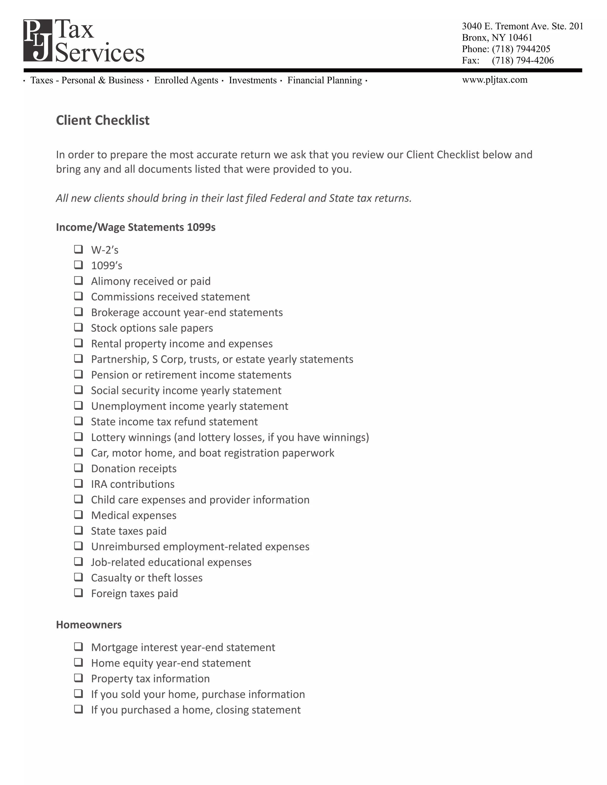 Client checklist | PDF | Personal Taxes | Personal Finance