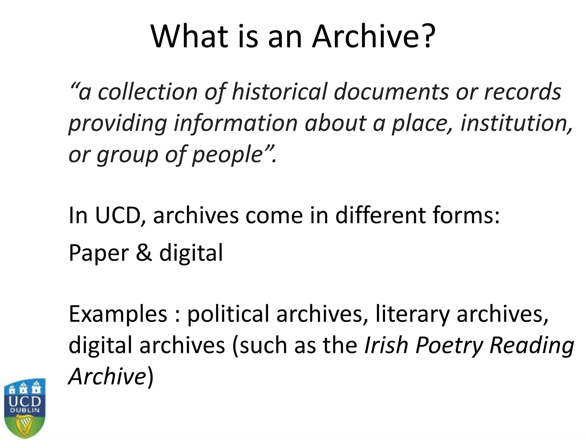 Clifden Arts Festival Archive@UCD: an Overview | PPT