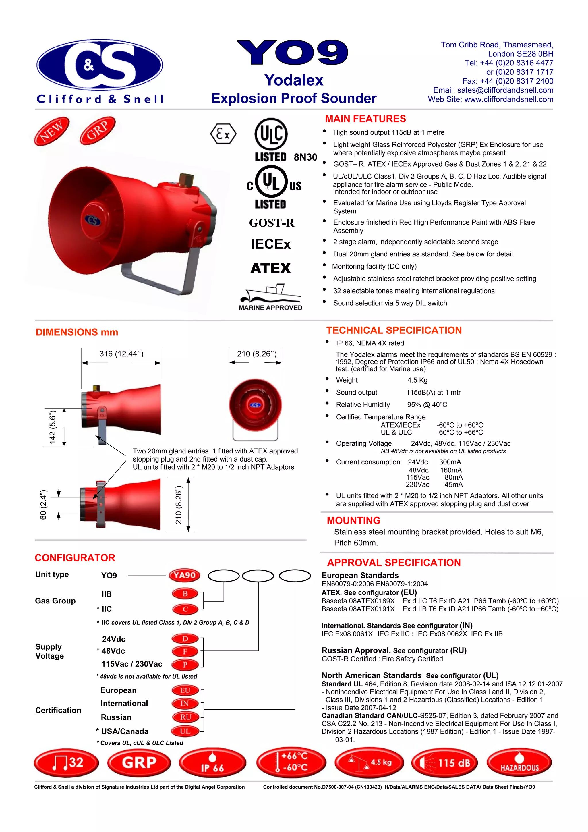 Clifford & Snell - Yodalex YO9 - Hazardous Area (ATEX) Sounder | PDF