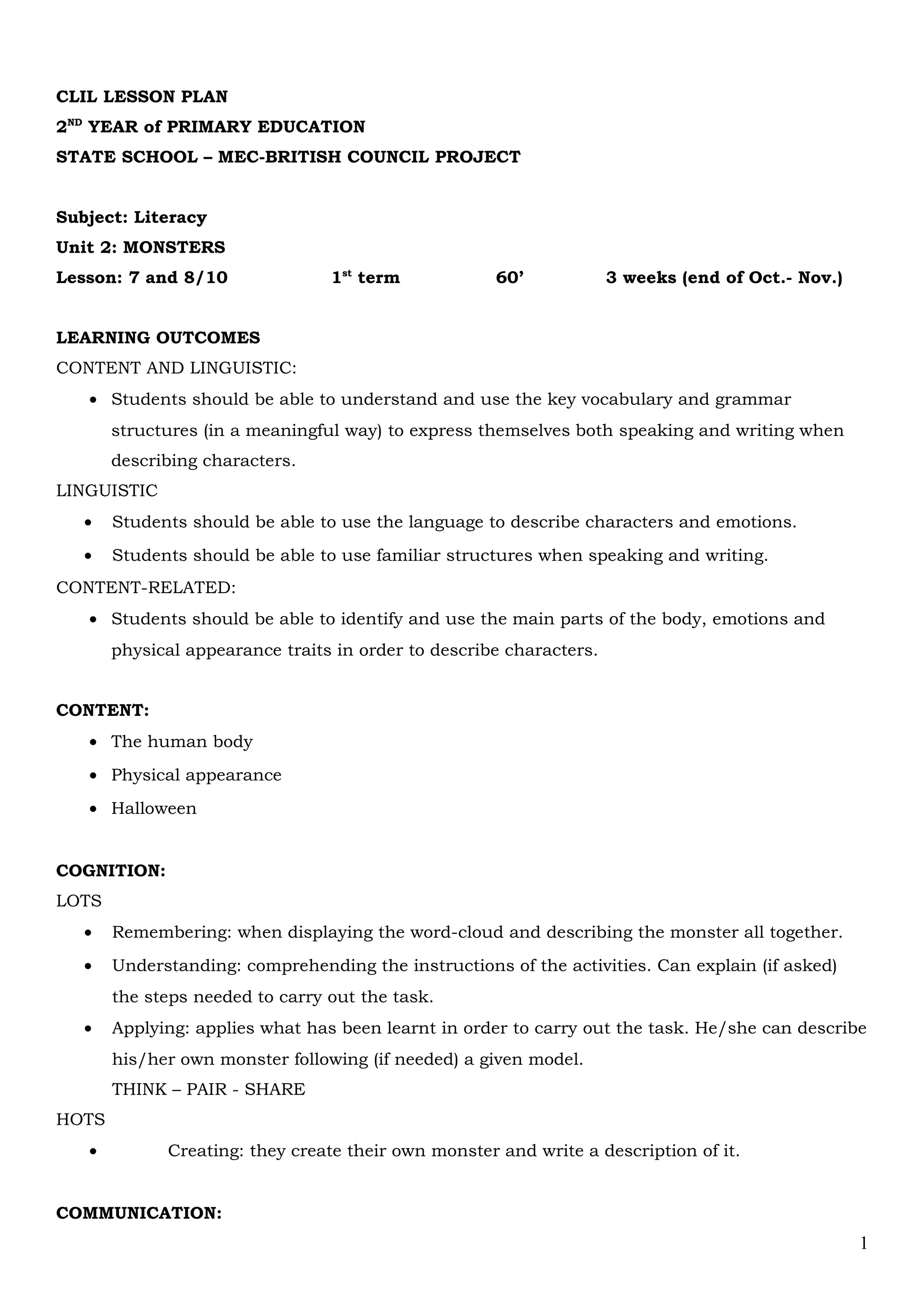 Clil lesson plan monsters | DOC