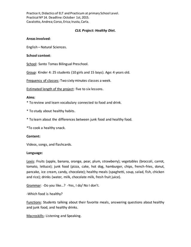 CLIL PROJECT: HEALTHY DIET | DOCX