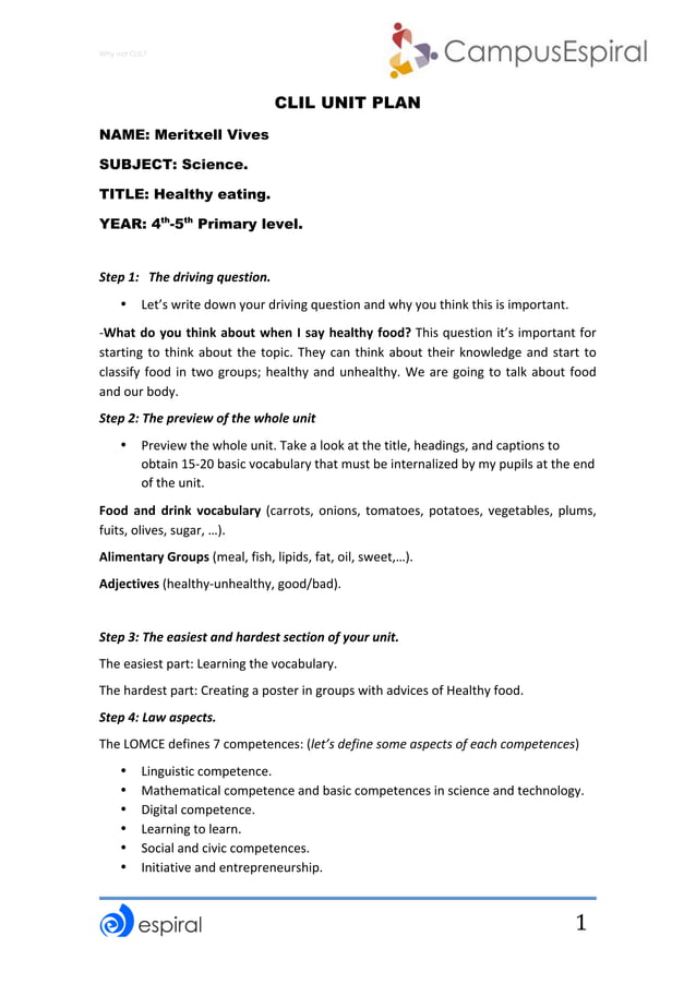 Clil unit plan | PDF | Healthy Cooking and Eating | Food & Drink