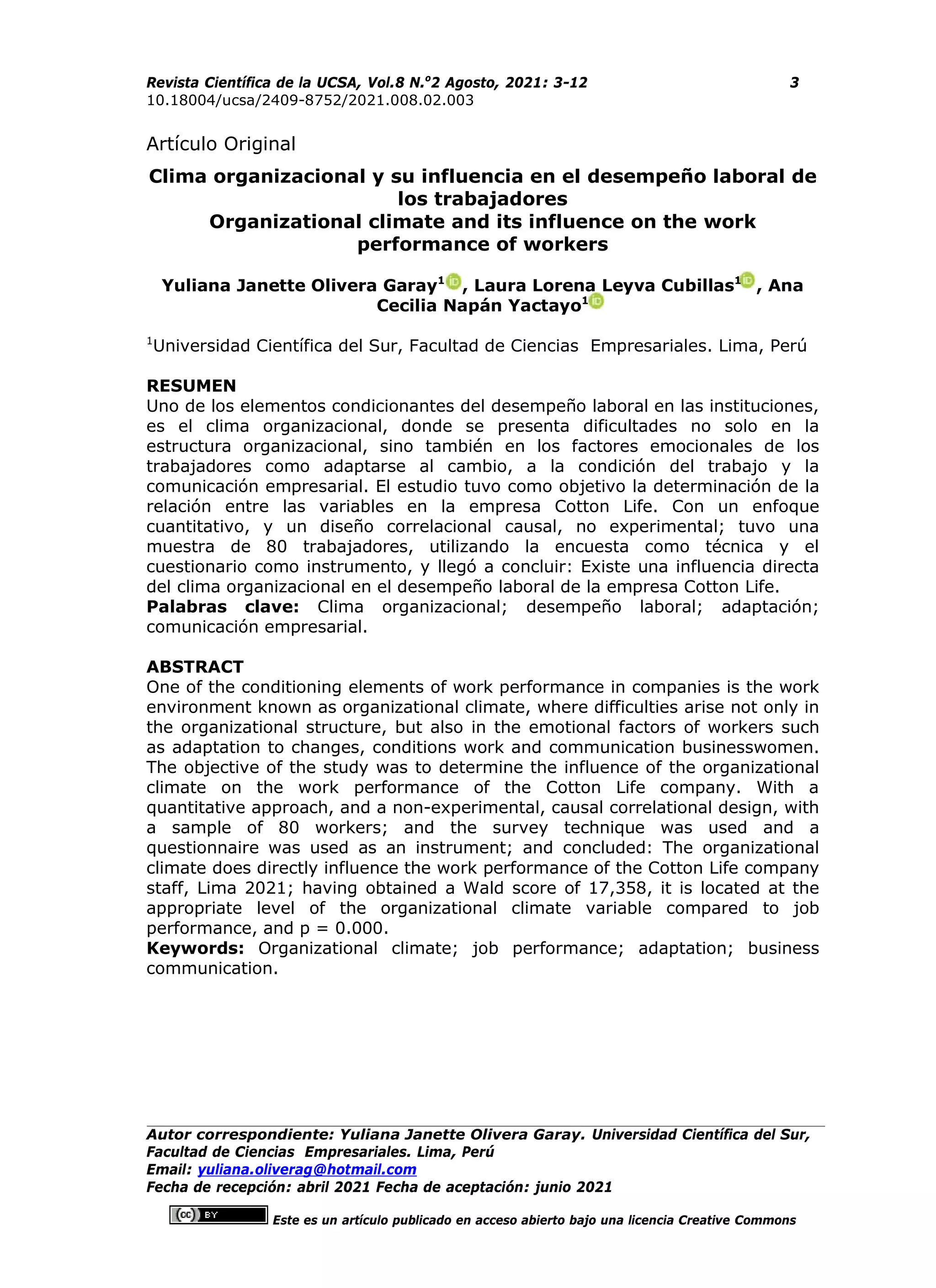Clima organizacional y su influencia en el desempeño laboral de los ...