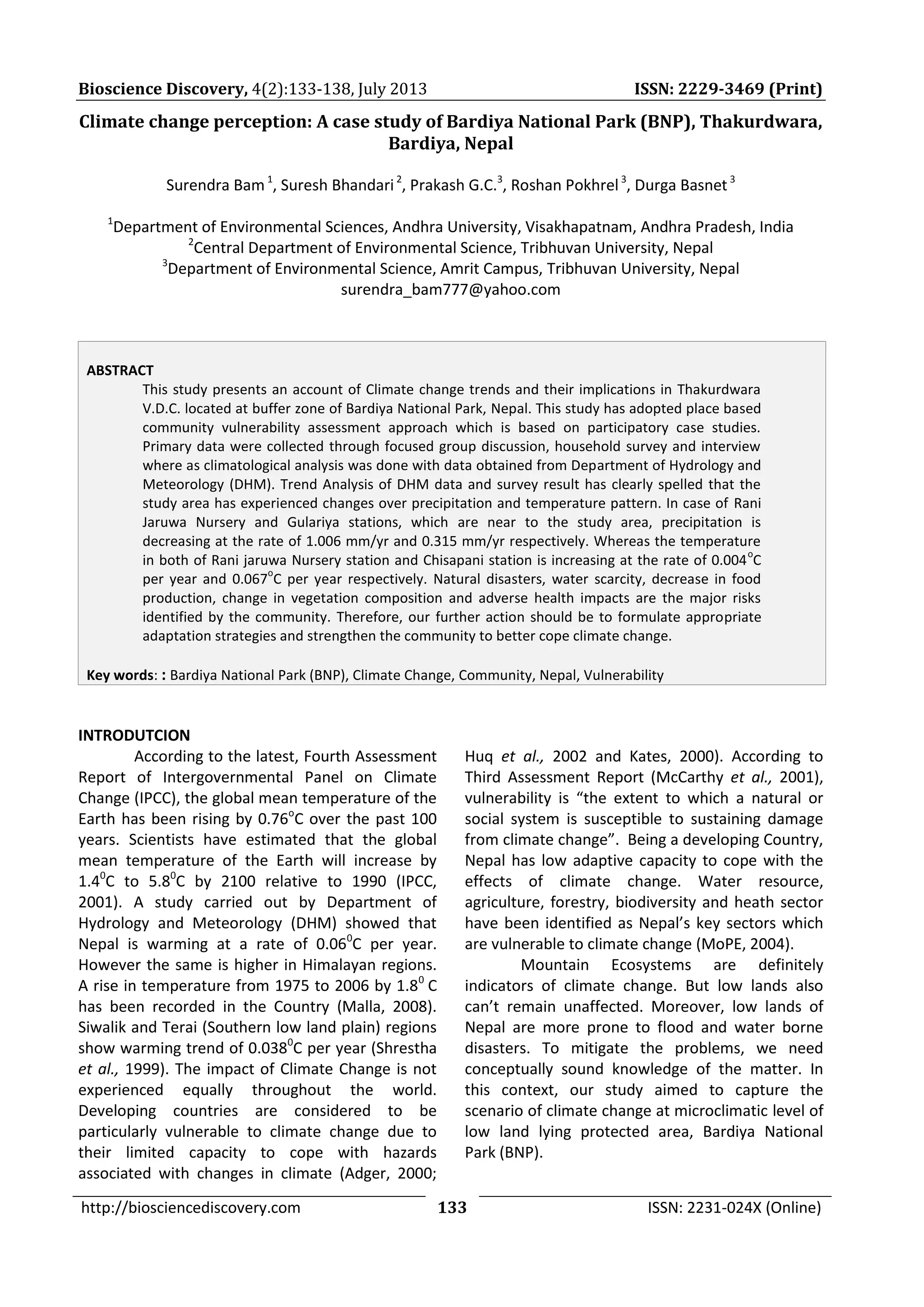 Climate change perception: A case study of Bardiya National Park (BNP), Thakurdwara, Bardiya ...