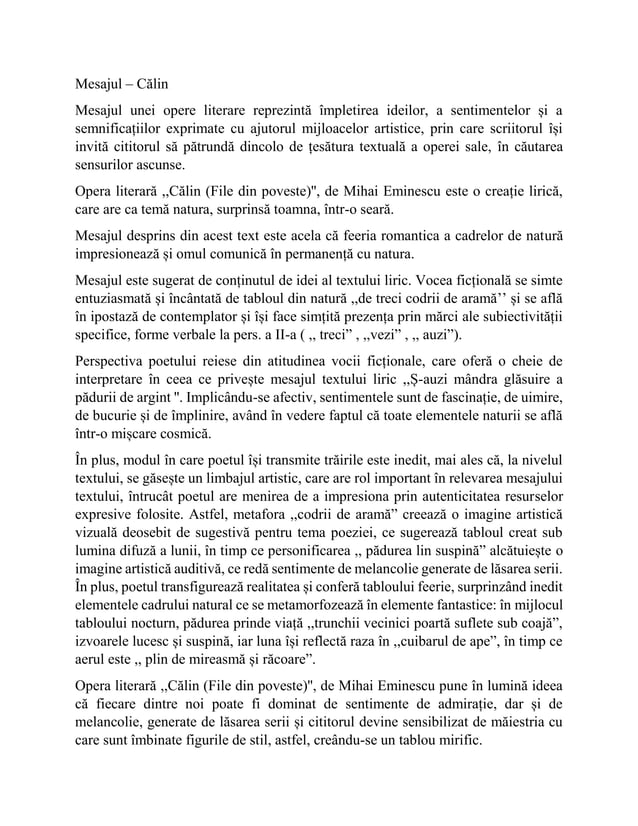 Călin de Mihai Eminescu asociere text liric | DOCX