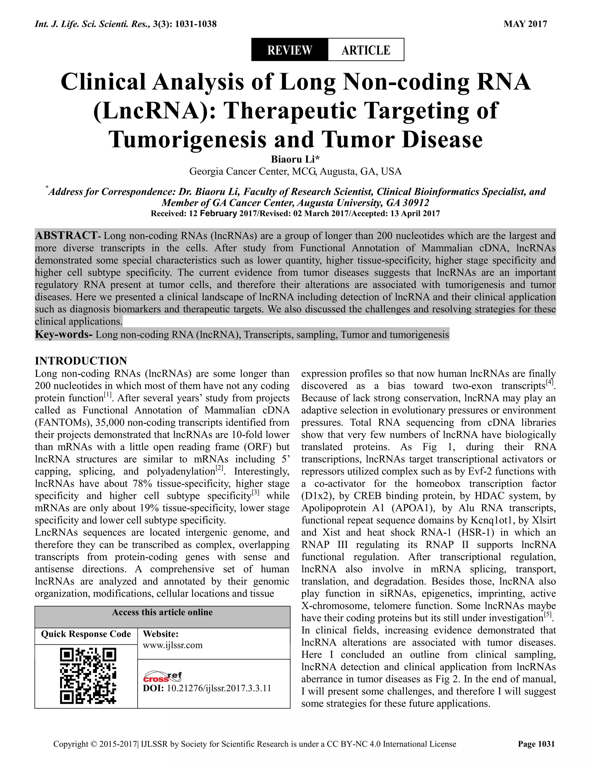 Clinical Analysis of Long Non-coding RNA (LncRNA): Therapeutic Targeting of Tumorigenesis and ...