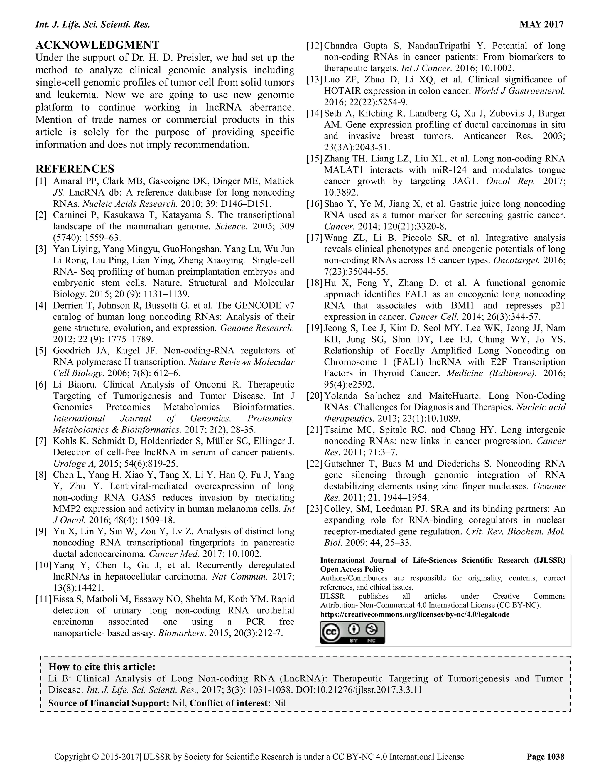 Clinical Analysis of Long Non-coding RNA (LncRNA): Therapeutic Targeting of Tumorigenesis and ...