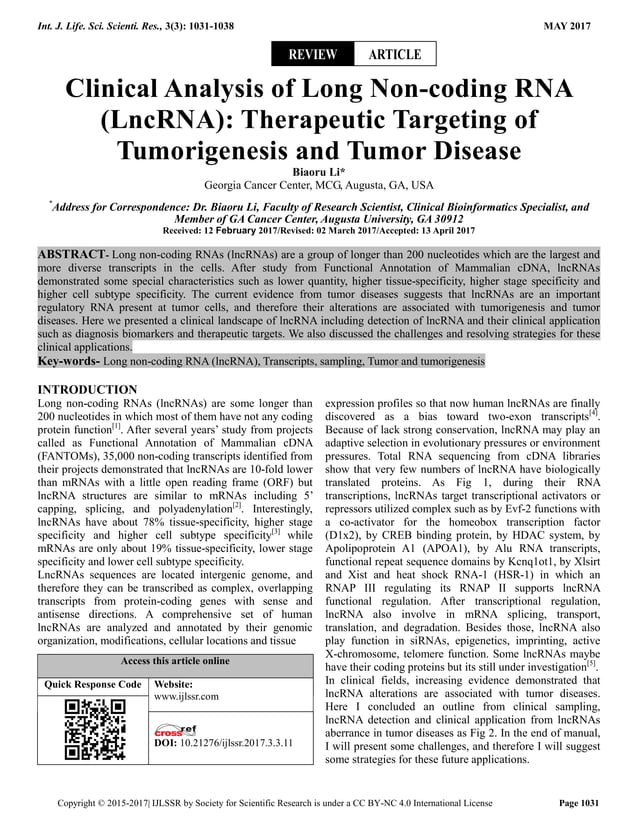 Clinical Analysis of Long Non-coding RNA (LncRNA): Therapeutic Targeting of Tumorigenesis and ...