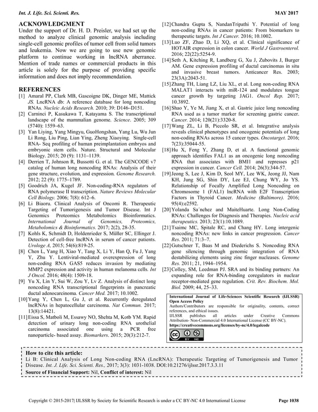 Clinical Analysis of Long Non-coding RNA (LncRNA): Therapeutic Targeting of Tumorigenesis and ...