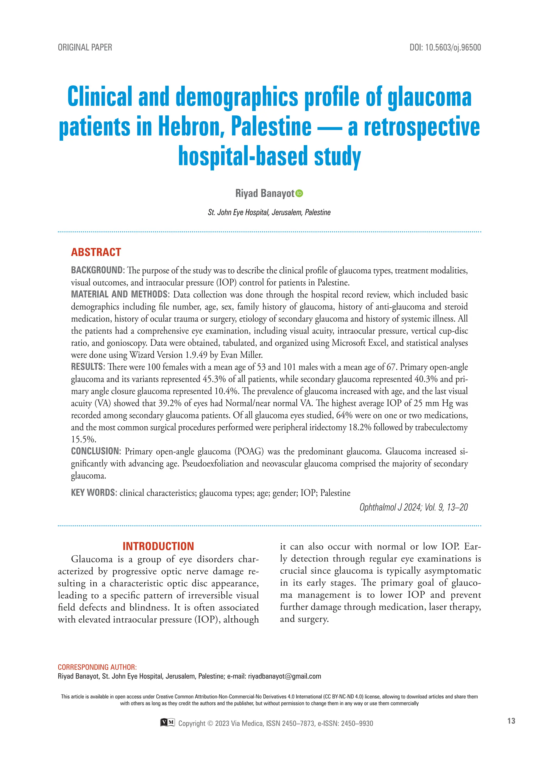 Clinical and dermographics profile of glaucoma patients in Hebron - Palestine - a retrospective ...