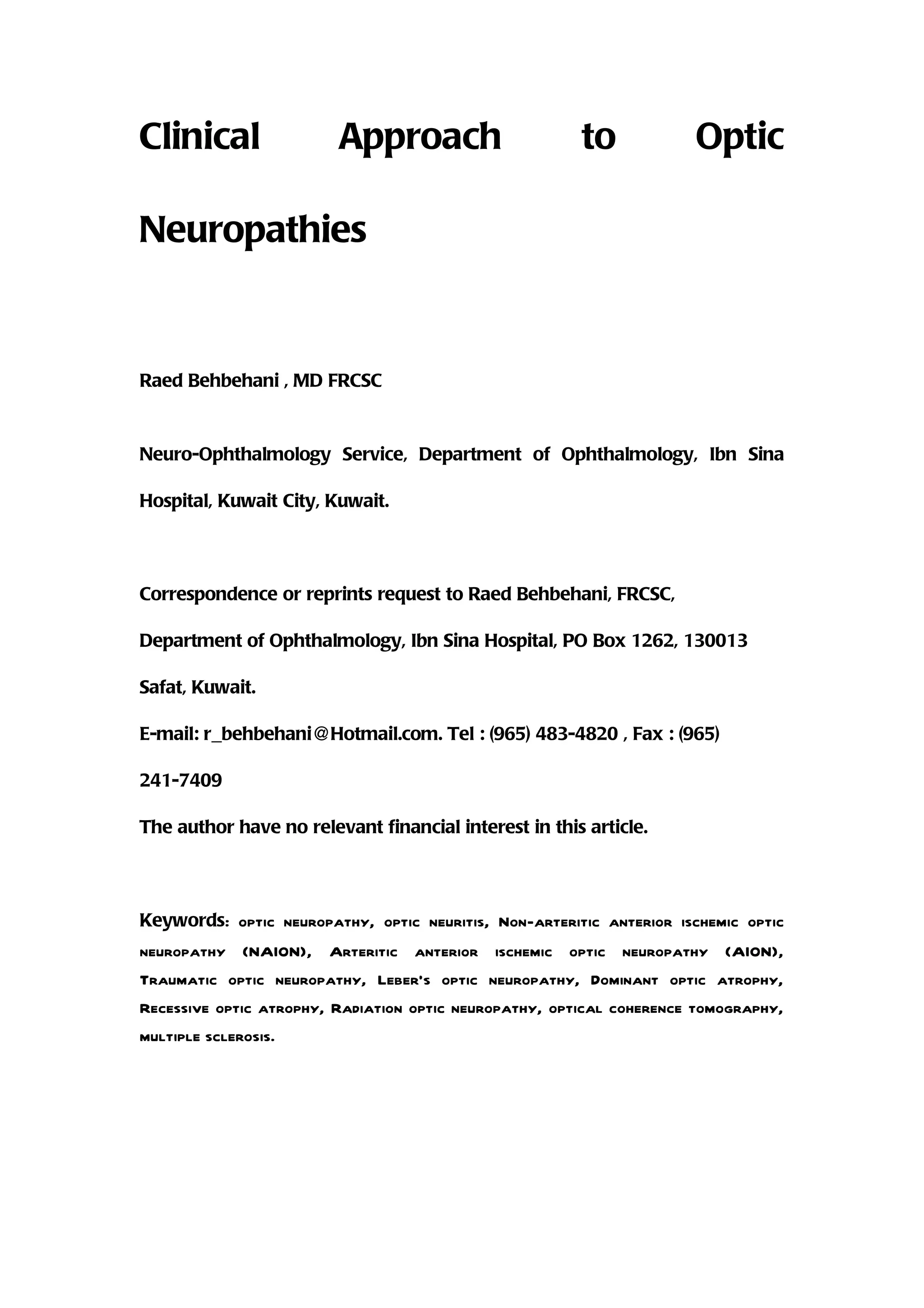 Clinical approach to optic neuropathies dove med press | RTF