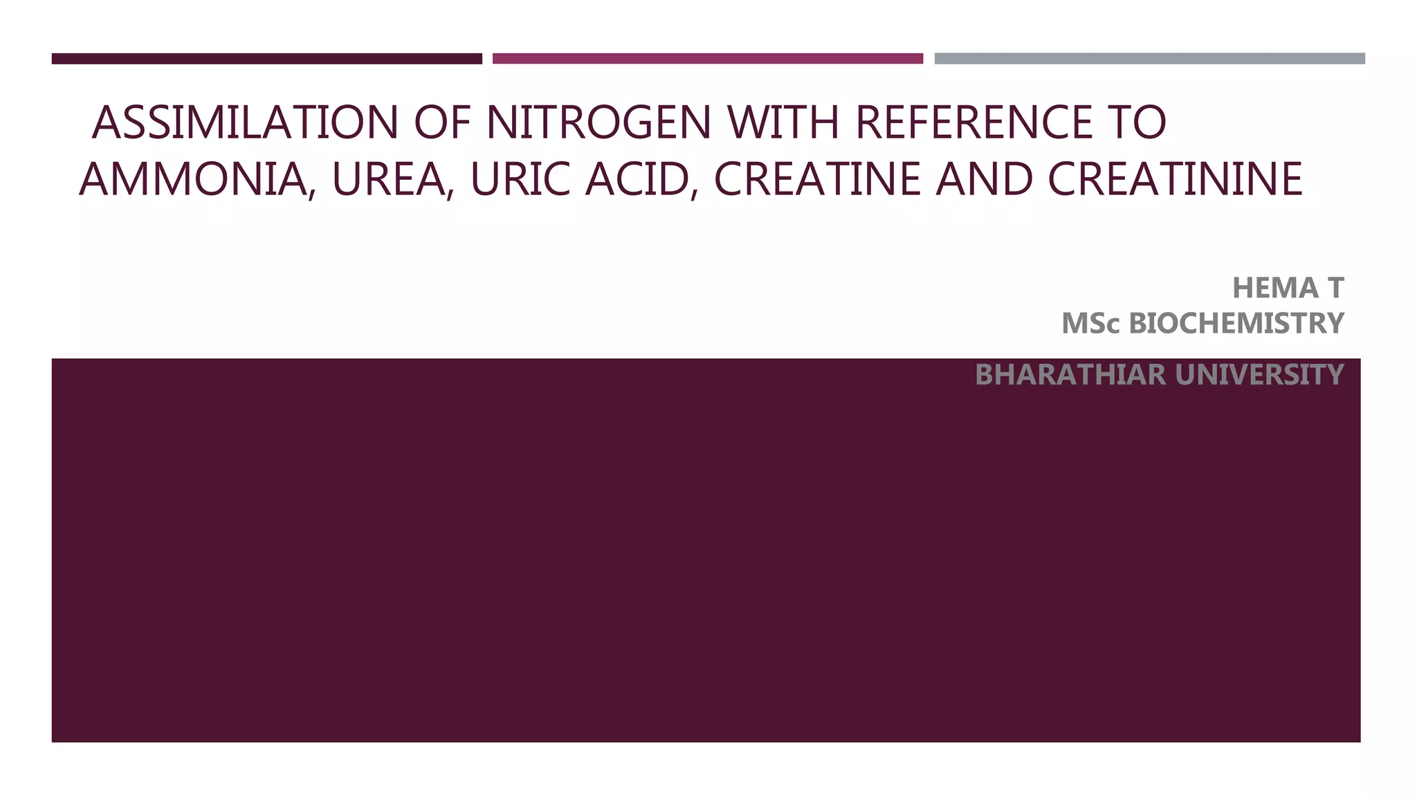 Assimilation of nitrogen with reference to ammonia, urea, uric acid ...