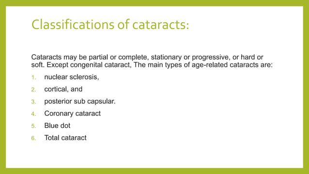 Clinical classification of cataracts : Mehedi , Jr. Optometrist | PPTX