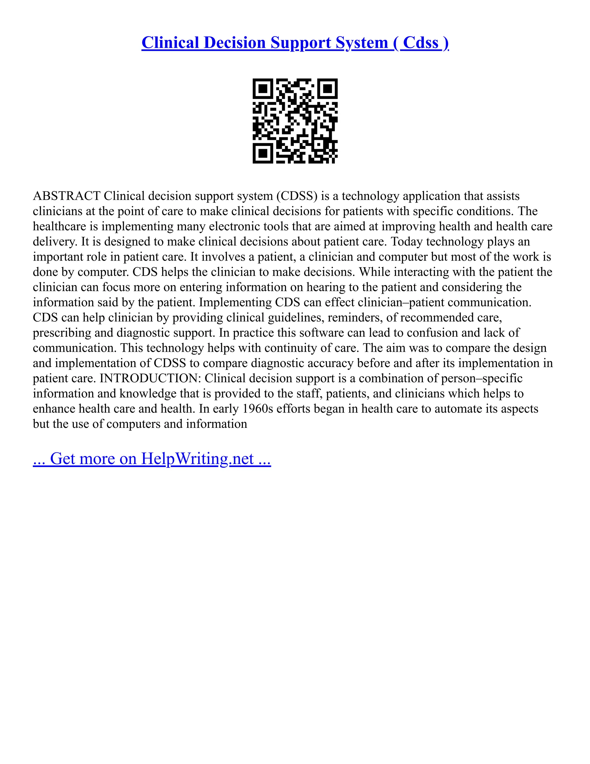 Clinical Decision Support System ( Cdss ) | PDF