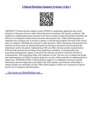 Clinical Decision Support System ( Cdss ) | PDF
