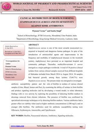 Clinical distribution of biofilm forming staphylococcus aureus and its sensitivity against some ...