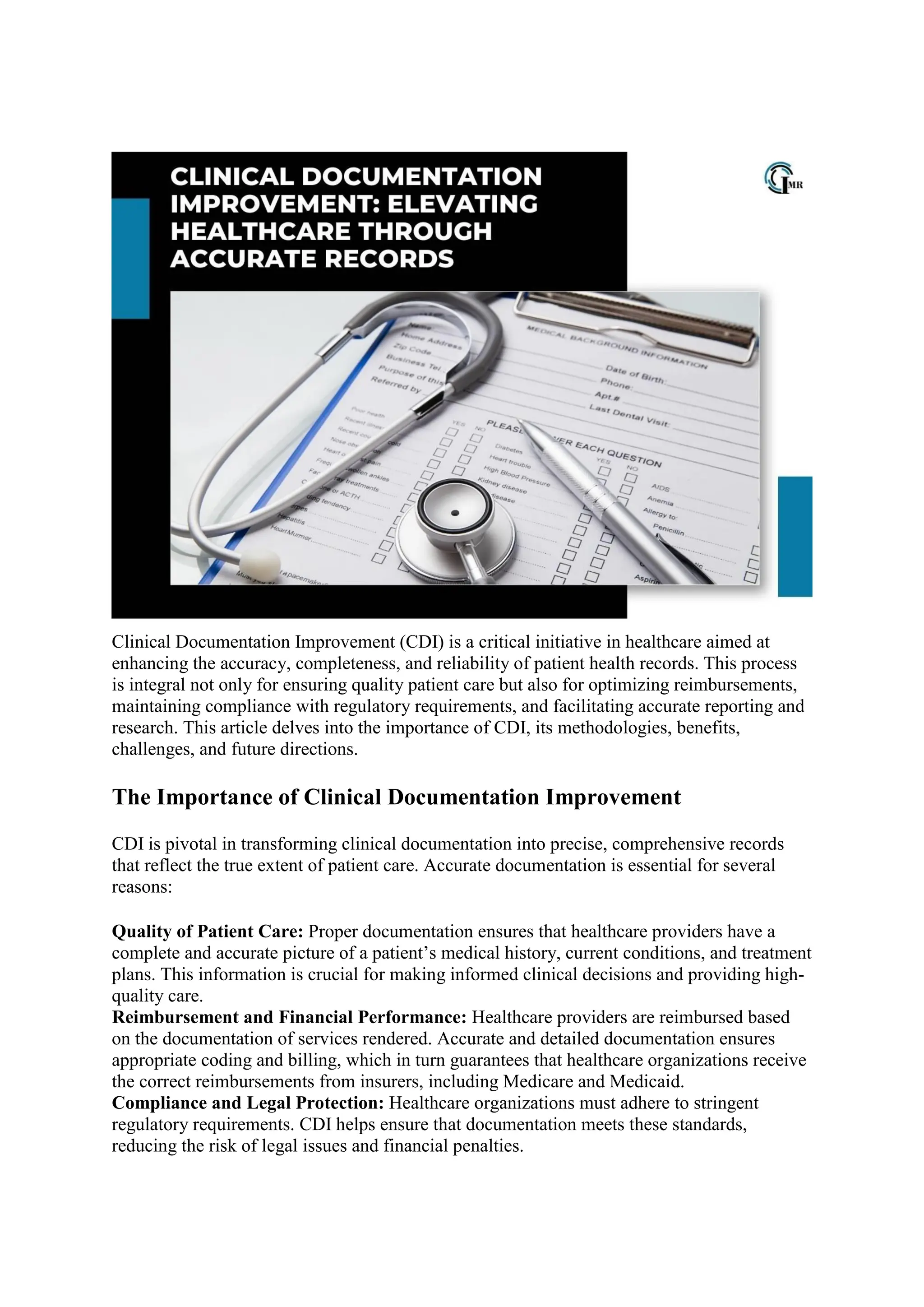 Clinical Documentation Improvement: Importance, Methodology Benefits ...