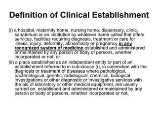 Clinical establishments act and Standard for Ayurvedic Clinics | PPTX