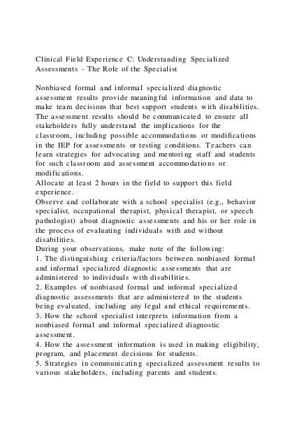 Clinical Field Experience C Understanding Specialized Assessments | DOCX