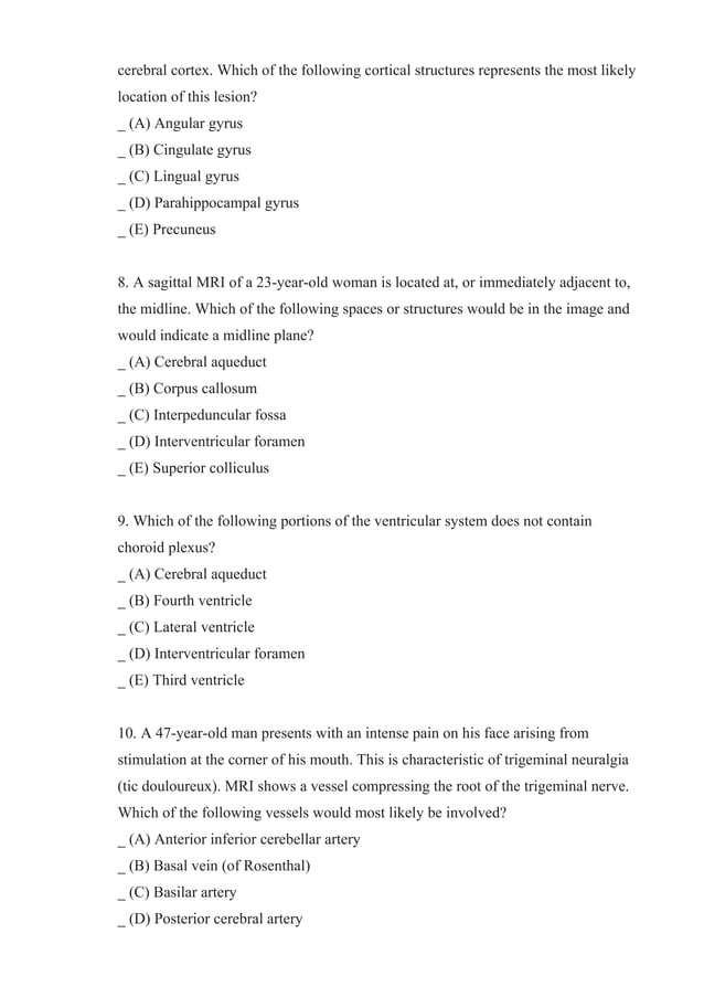 Clinically Based Questions on morphology of the brain Part 1 | PDF