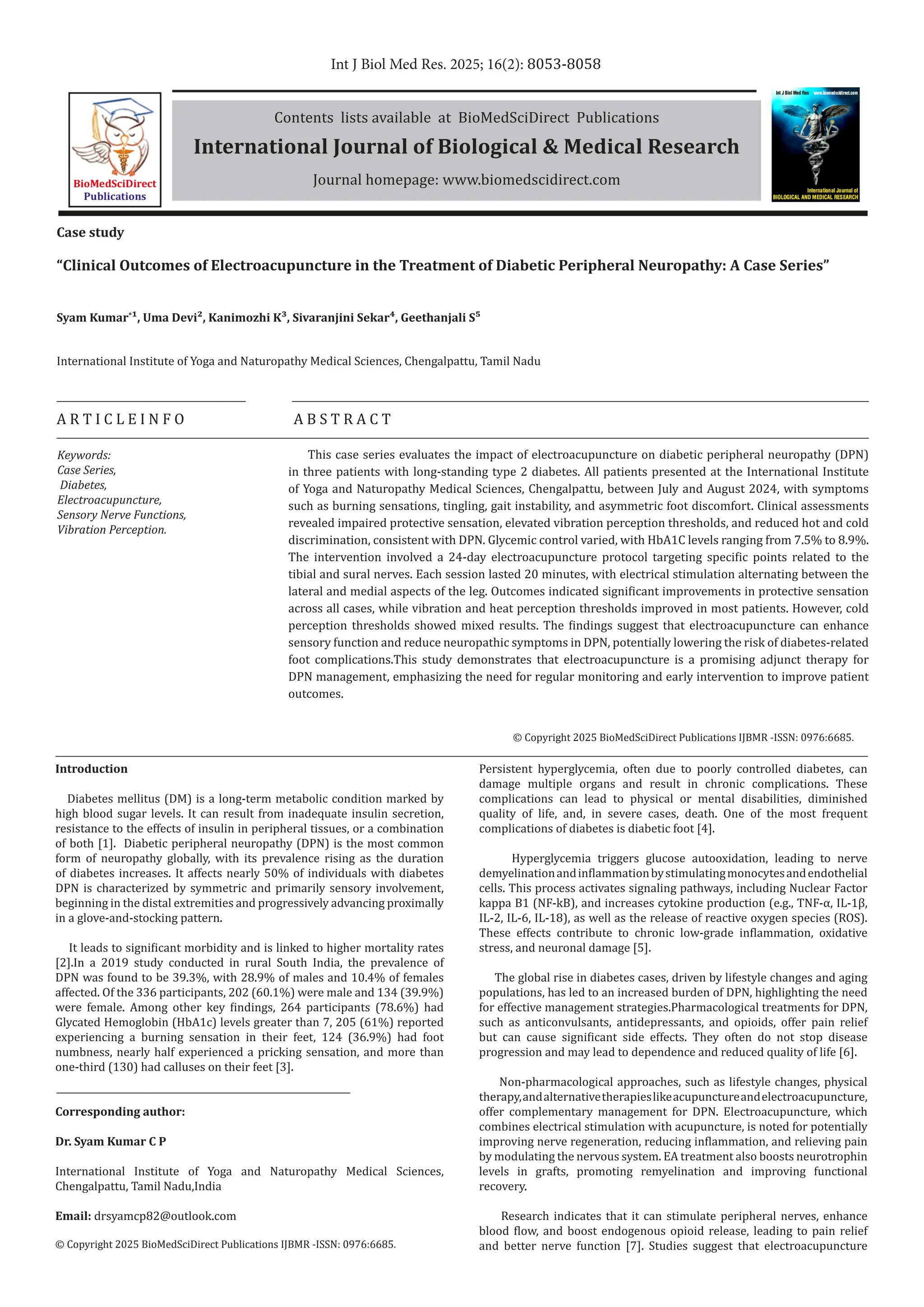 Clinical Outcomes of Electroacupuncture in the Treatment of Diabetic ...