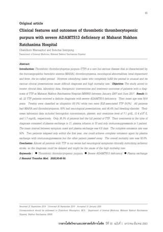 Clinical Features and Outcomes of Thrombotic Thrombocytopenic Purpura ...