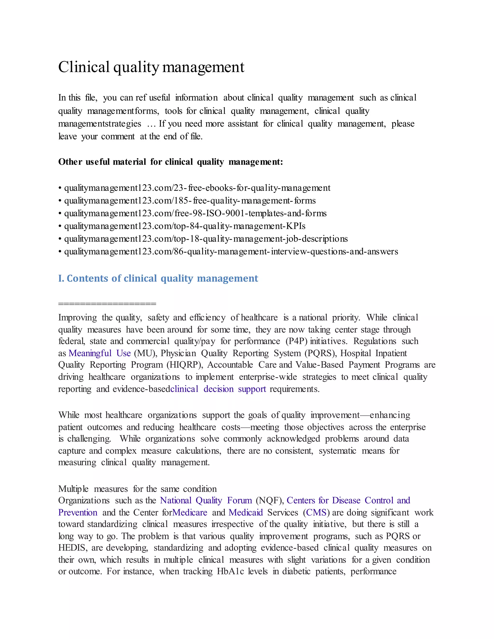 Clinical quality management | DOCX | Healthcare Industry | Industries