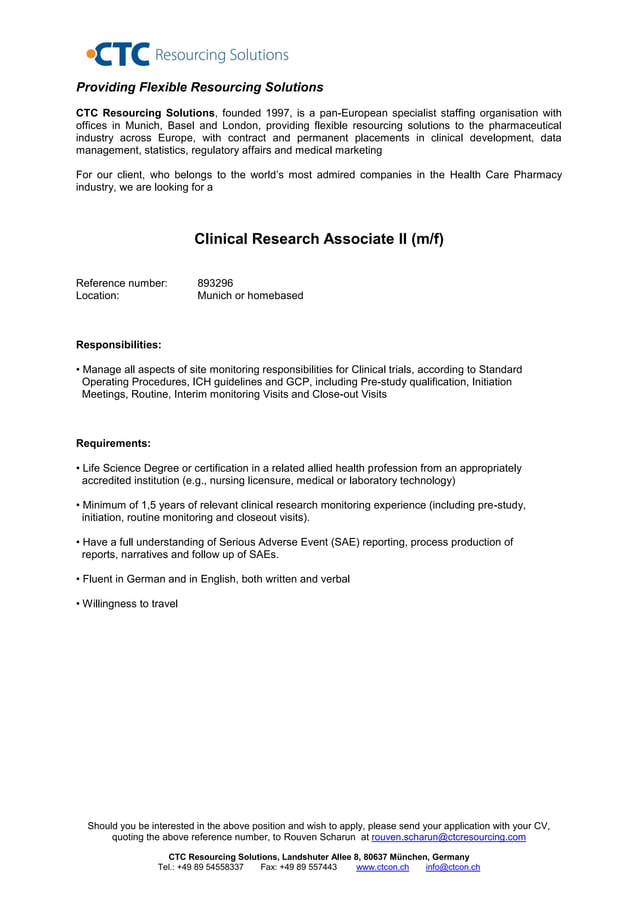 Clinical Research Associate / Senior Clinical Research Associate | PDF