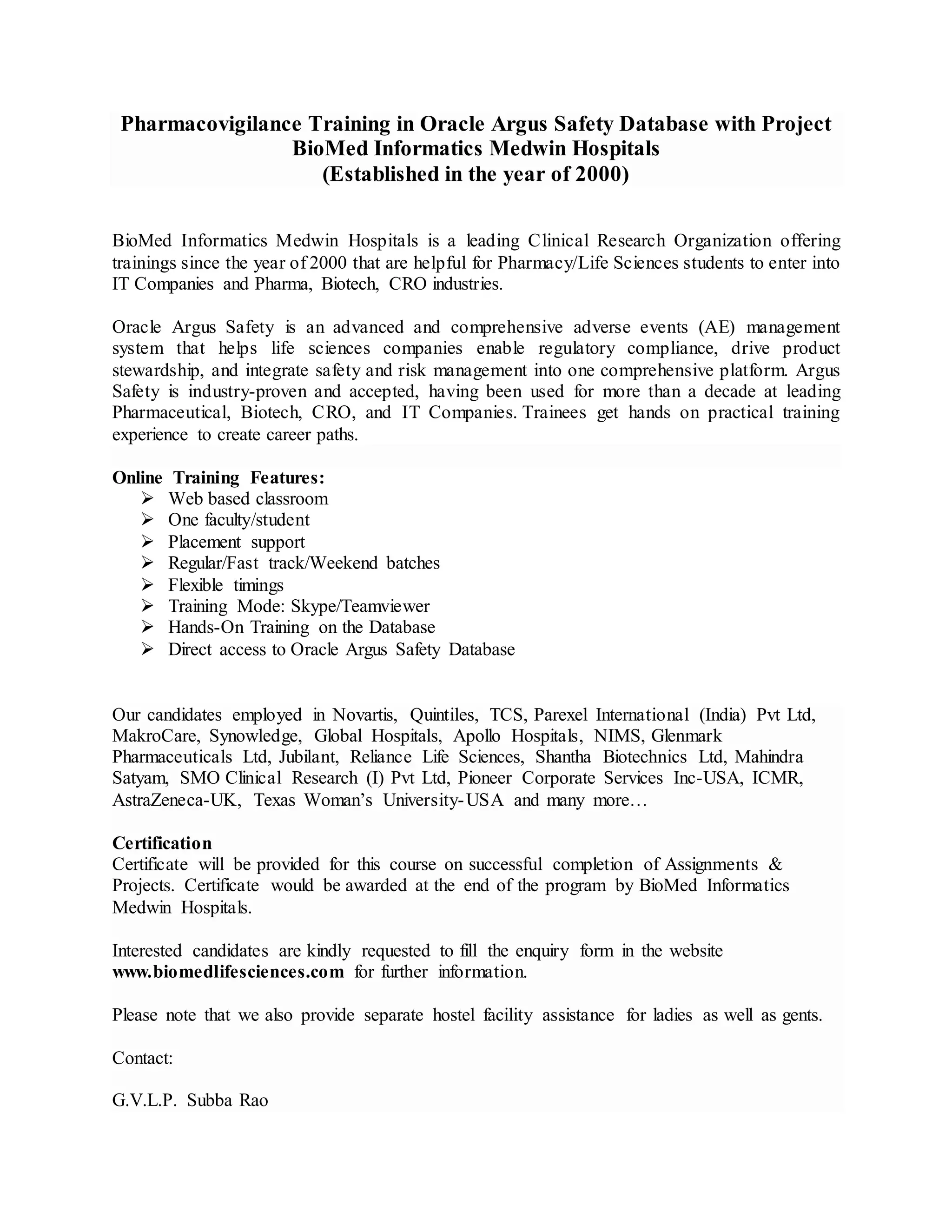 Pharmacovigilance Training in Oracle Argus Safety Database with Project ...