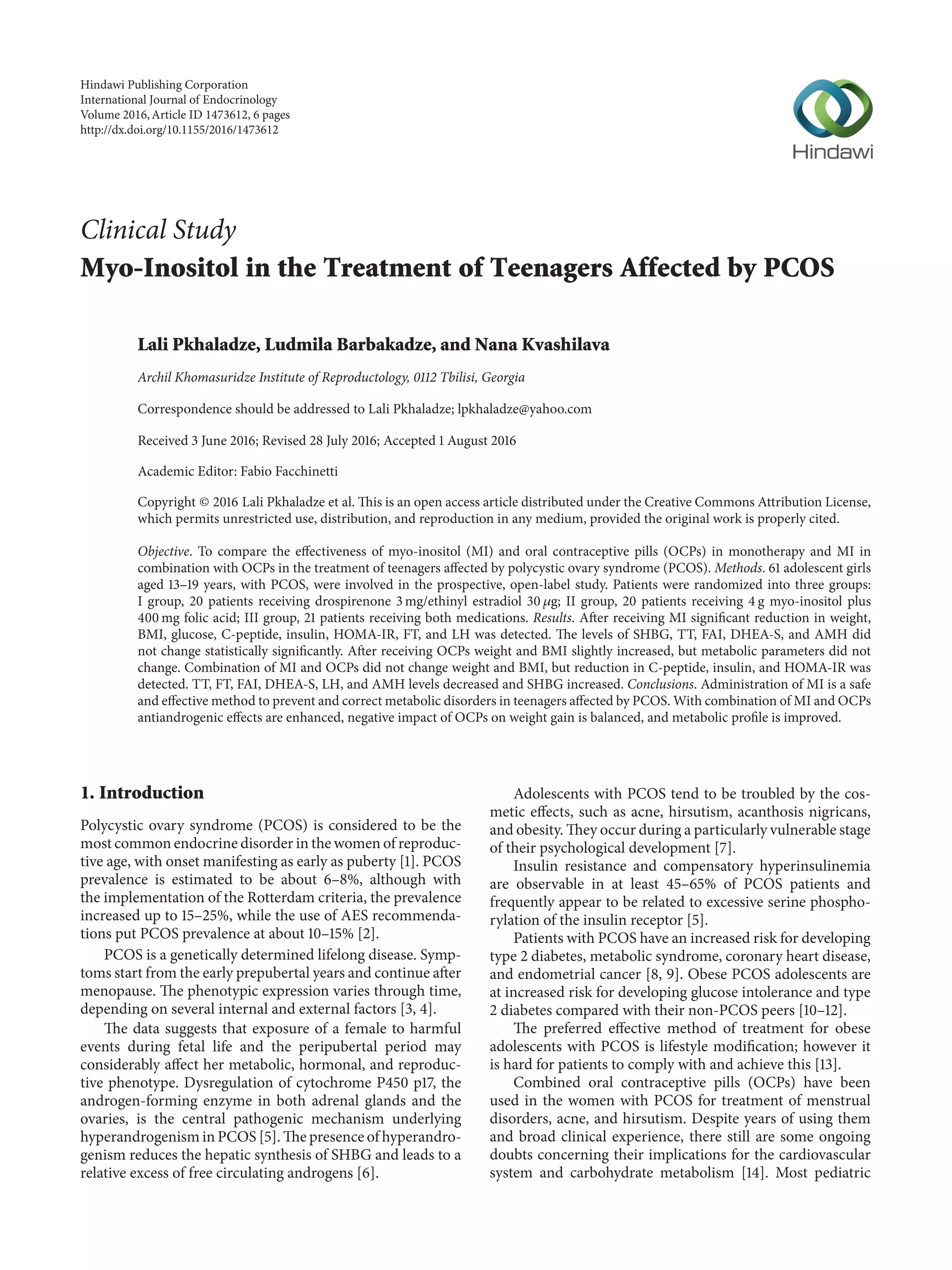 Clinical study myo inositol in the treatment of teenagers affected by ...