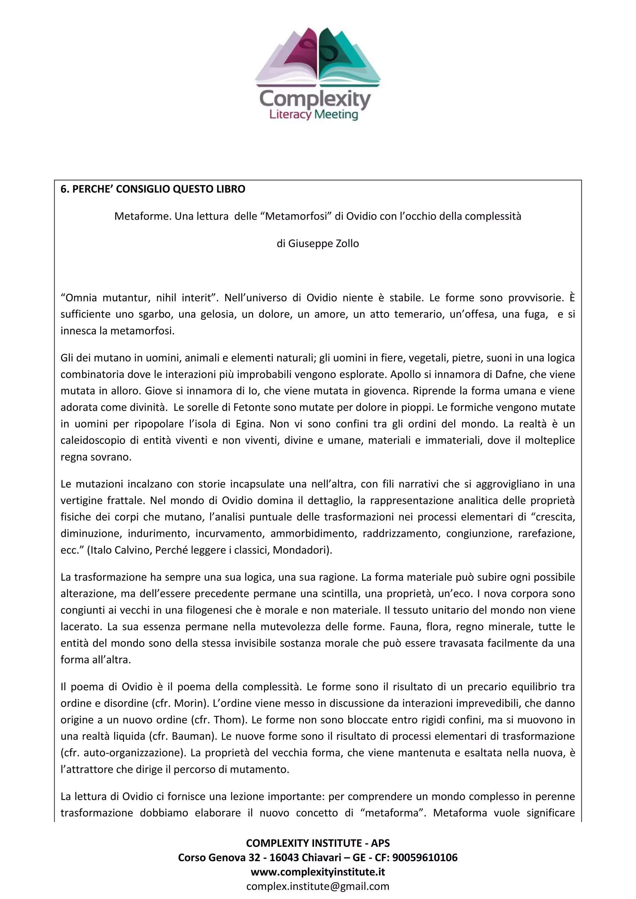 La scheda del libro consigliato da Giuseppe Zollo: "Metamorfosi" di ...