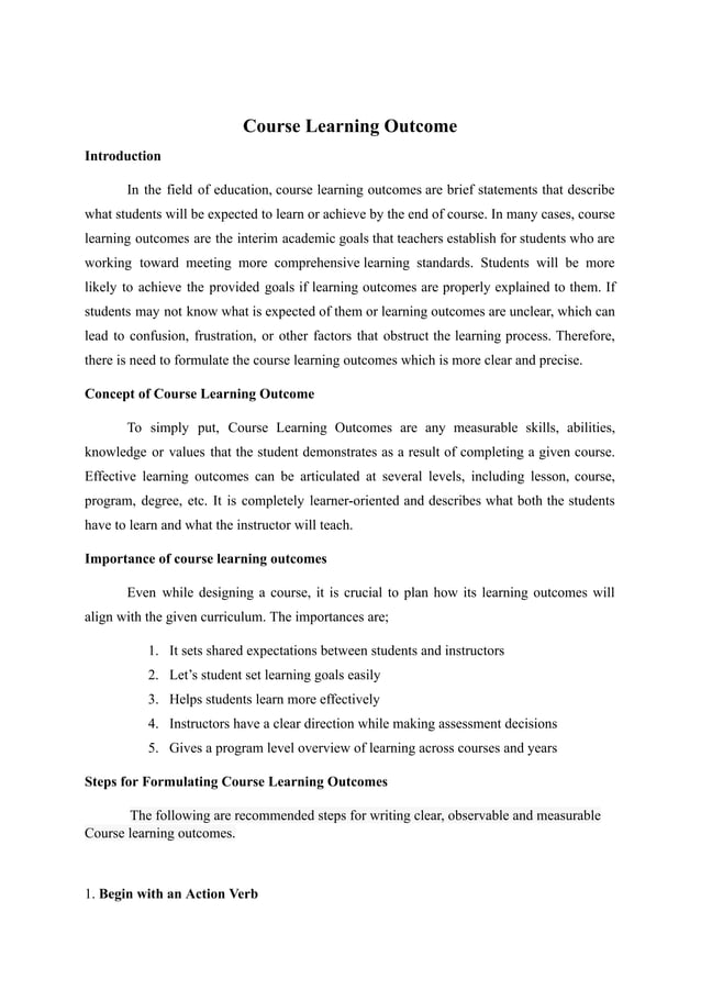Course Learning Outcomes/ Learning Outcomes | PDF