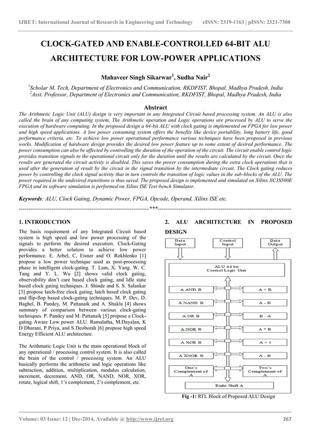 Clock gated and enable-controlled 64-bit alu architecture for low-power ...