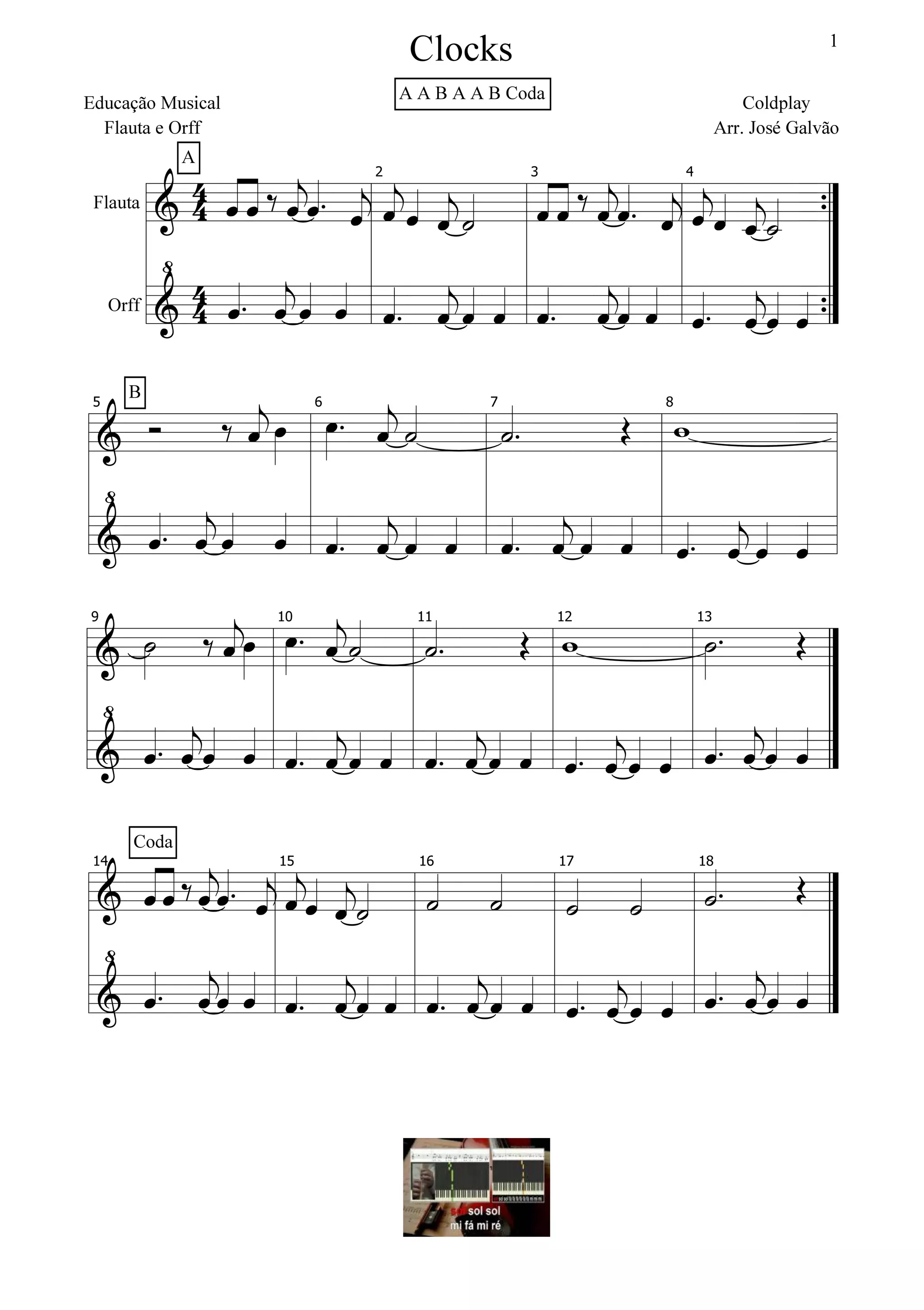 Clocks coldplay - partitura para orff e flauta - educacao musical jose galvao sl | PDF