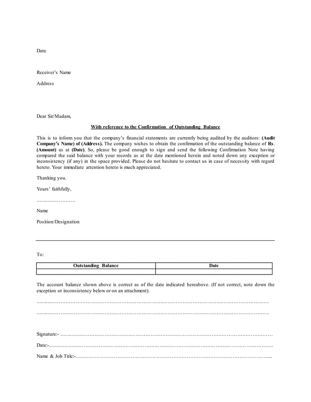 Confirmation of Debtor Balance for Audit Purposes | DOCX