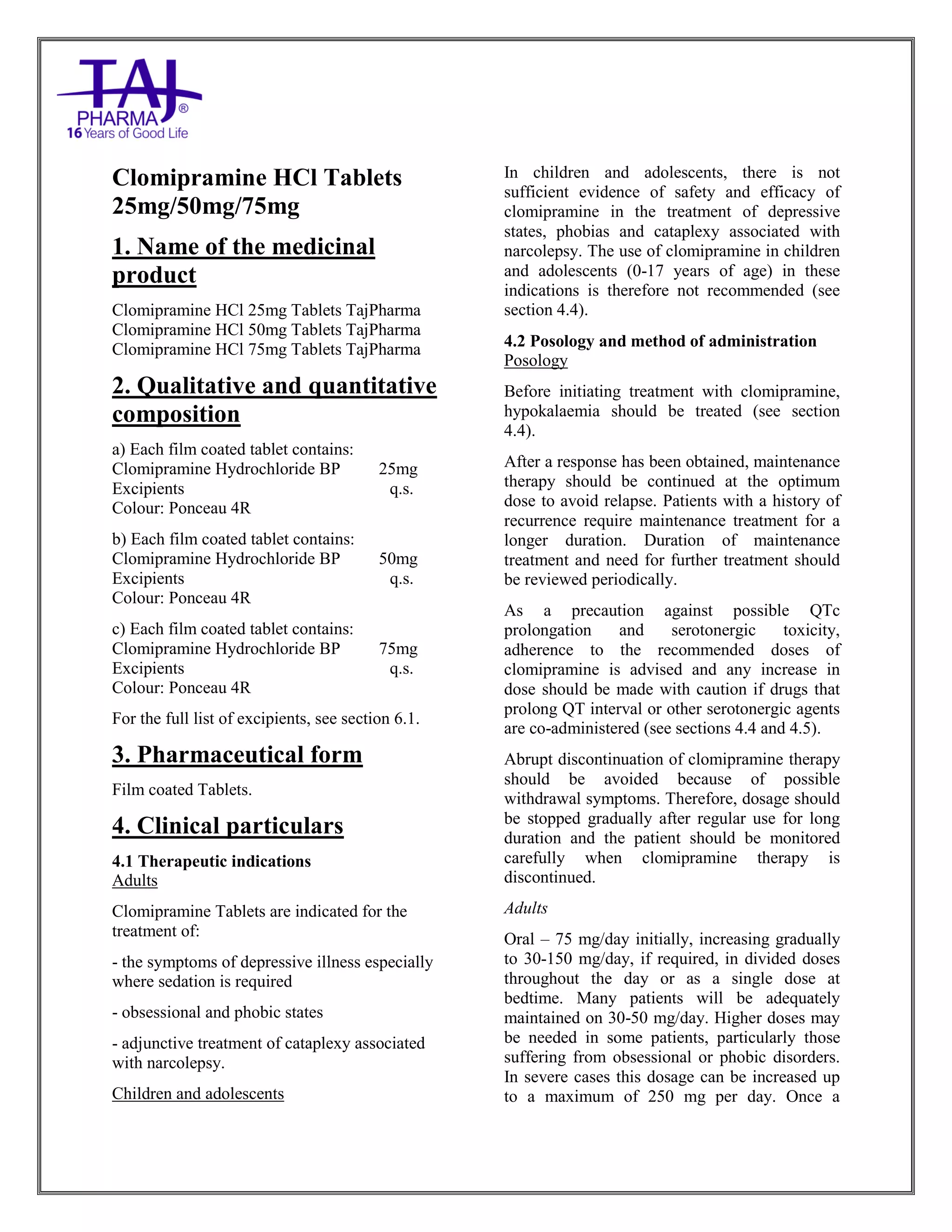 Clomipramine HCl Tablets SmPC Taj Pharmaceuticals | PDF