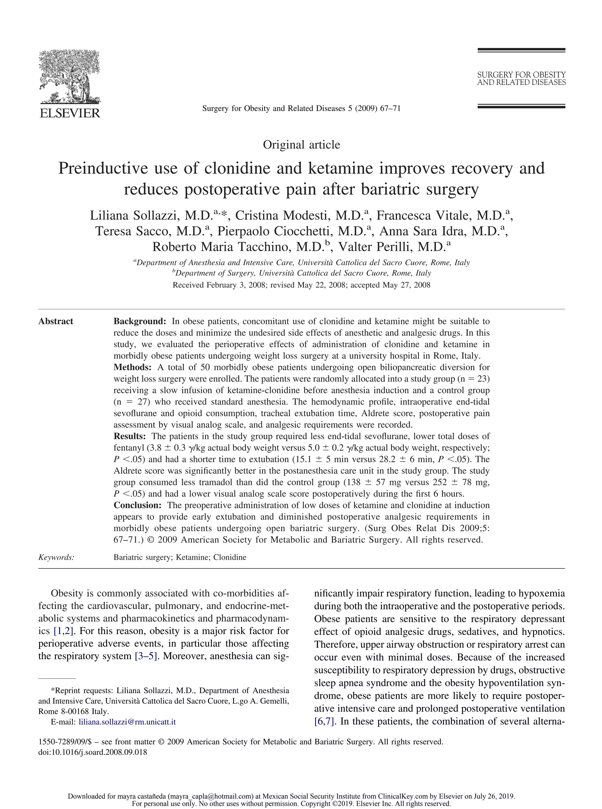 Clonidina y ketamina en cx bariatrica | PDF