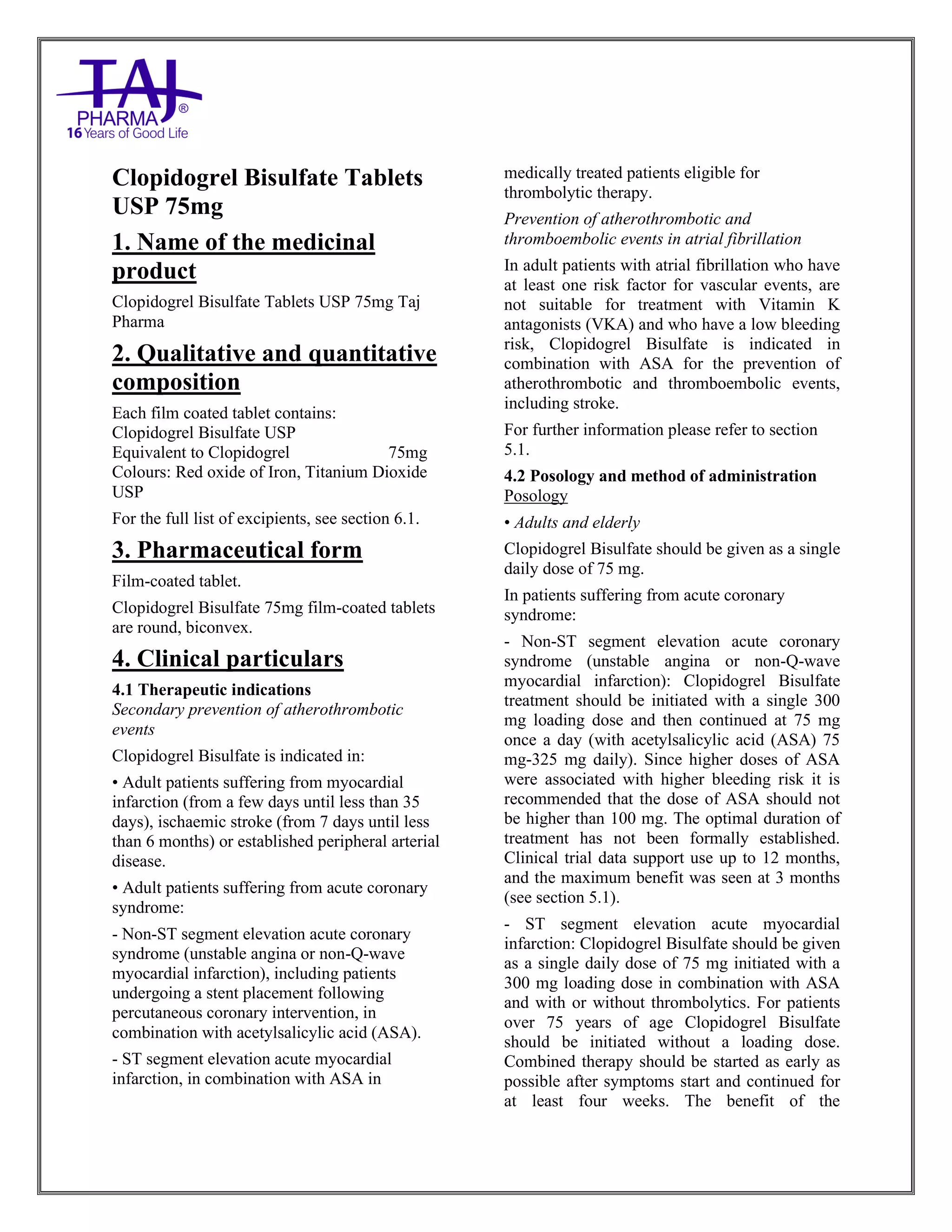 Clopidogrel Bisulfate Tablets USP SmPC Taj Pharmaceuticals | PDF