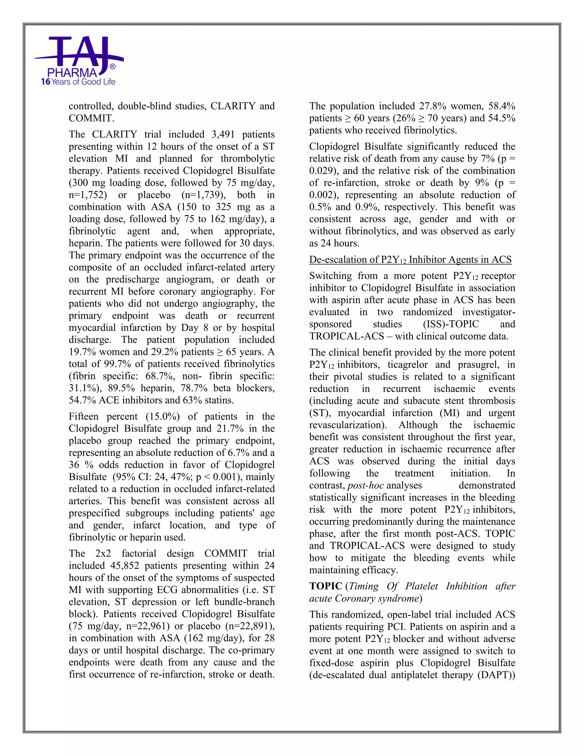 Clopidogrel Bisulfate Tablets USP SmPC Taj Pharmaceuticals | PDF