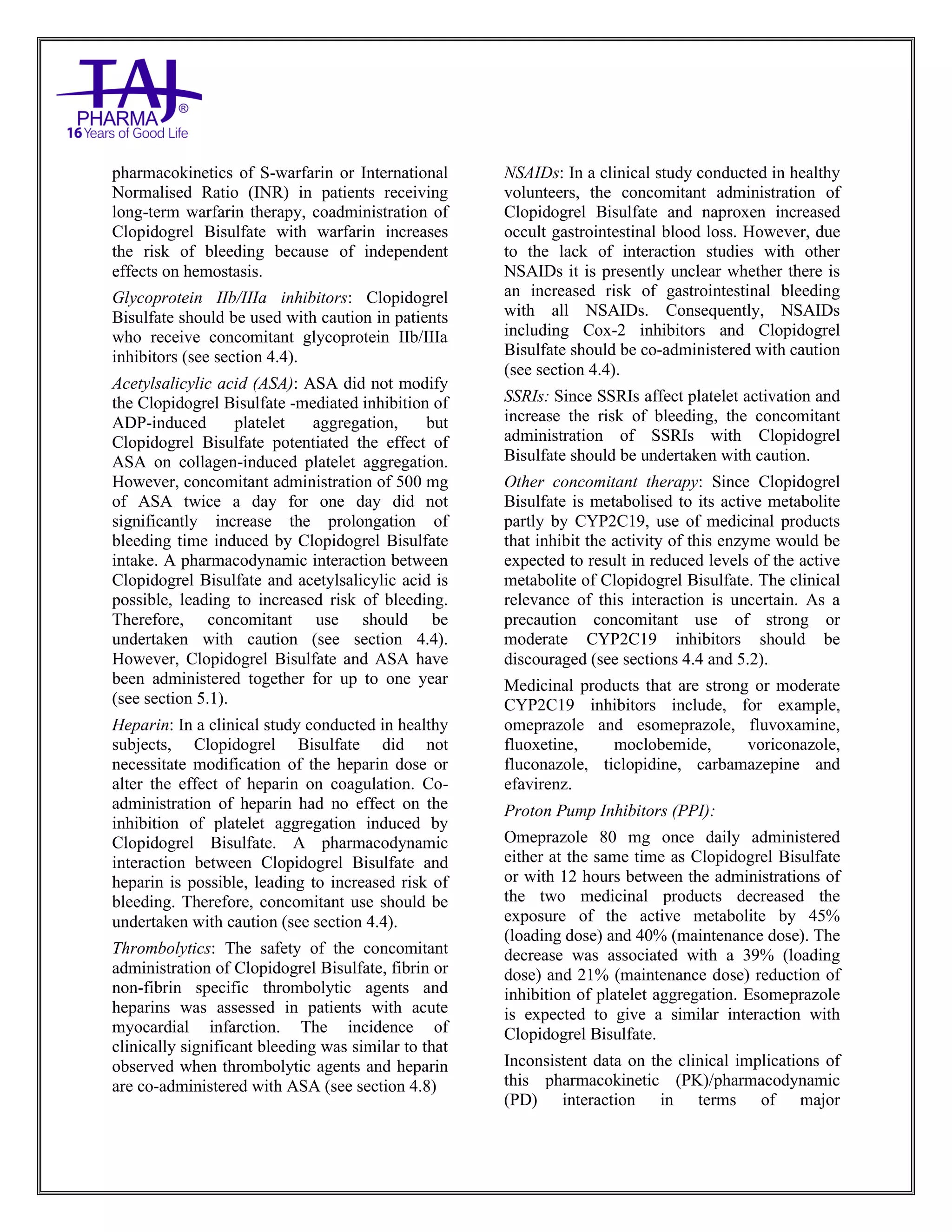 Clopidogrel Bisulfate Tablets USP SmPC Taj Pharmaceuticals | PDF