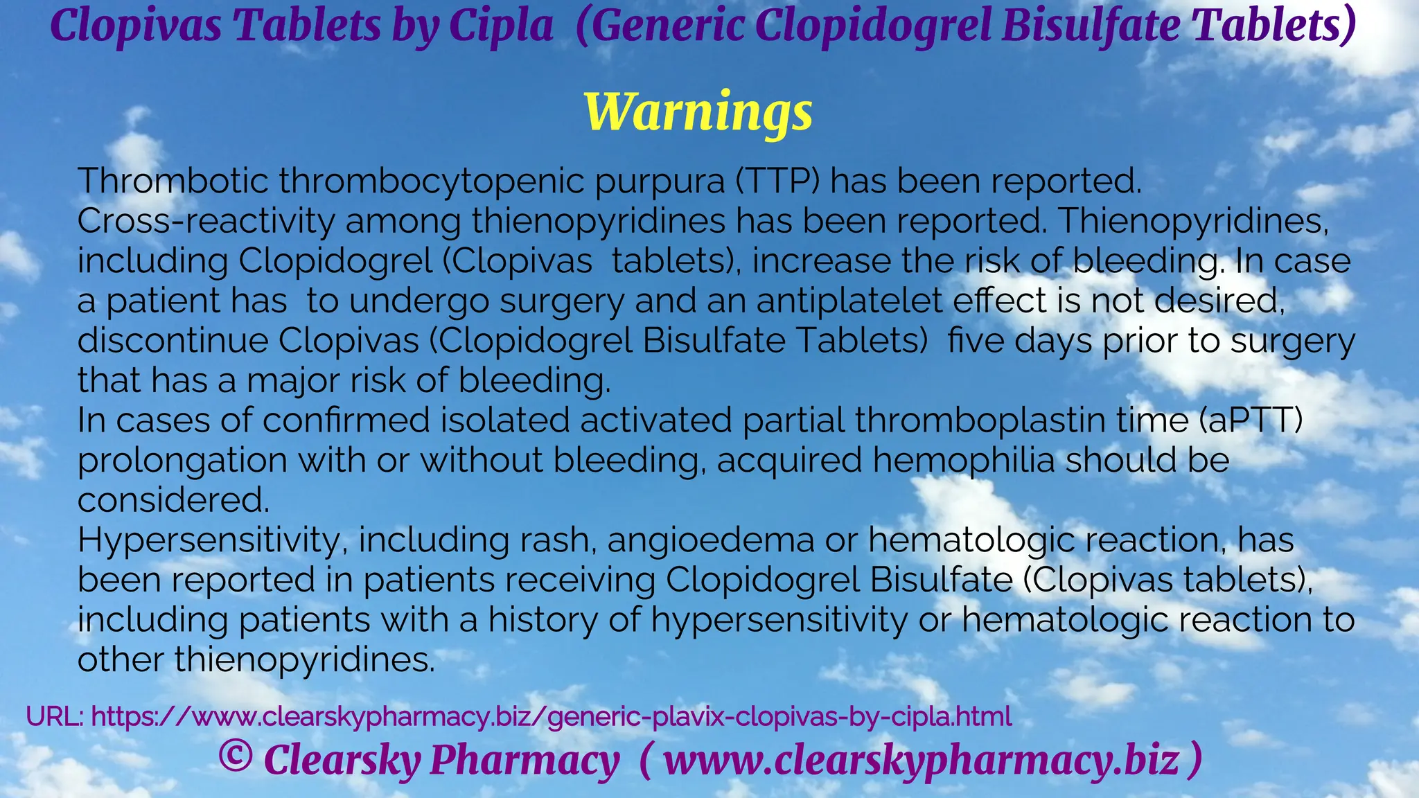 Clopivas Tablets by Cipla (Generic Clopidogrel Bisulfate Tablets) | PDF