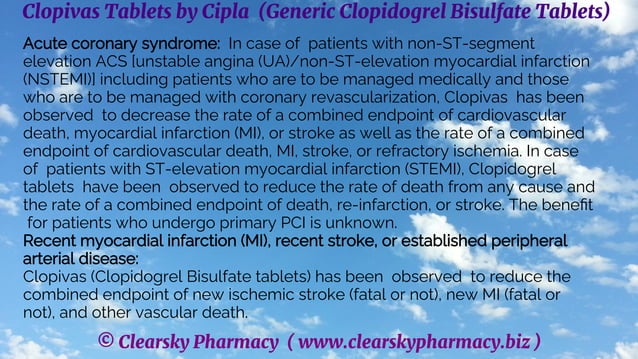 Clopivas Tablets by Cipla (Generic Clopidogrel Bisulfate Tablets) | PPT
