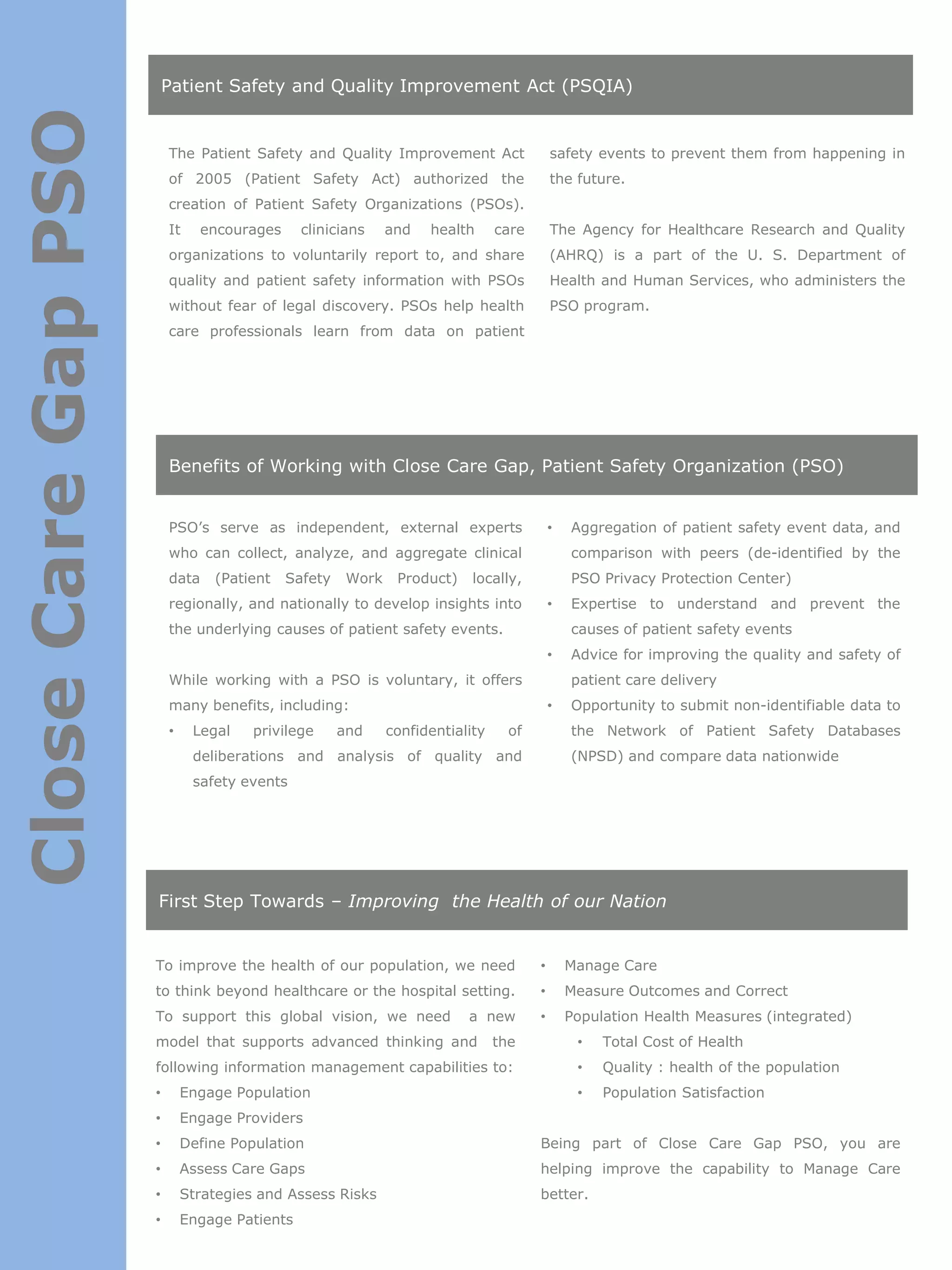CloseCareGap Patient Safety Organization 2013 brochure | PDF
