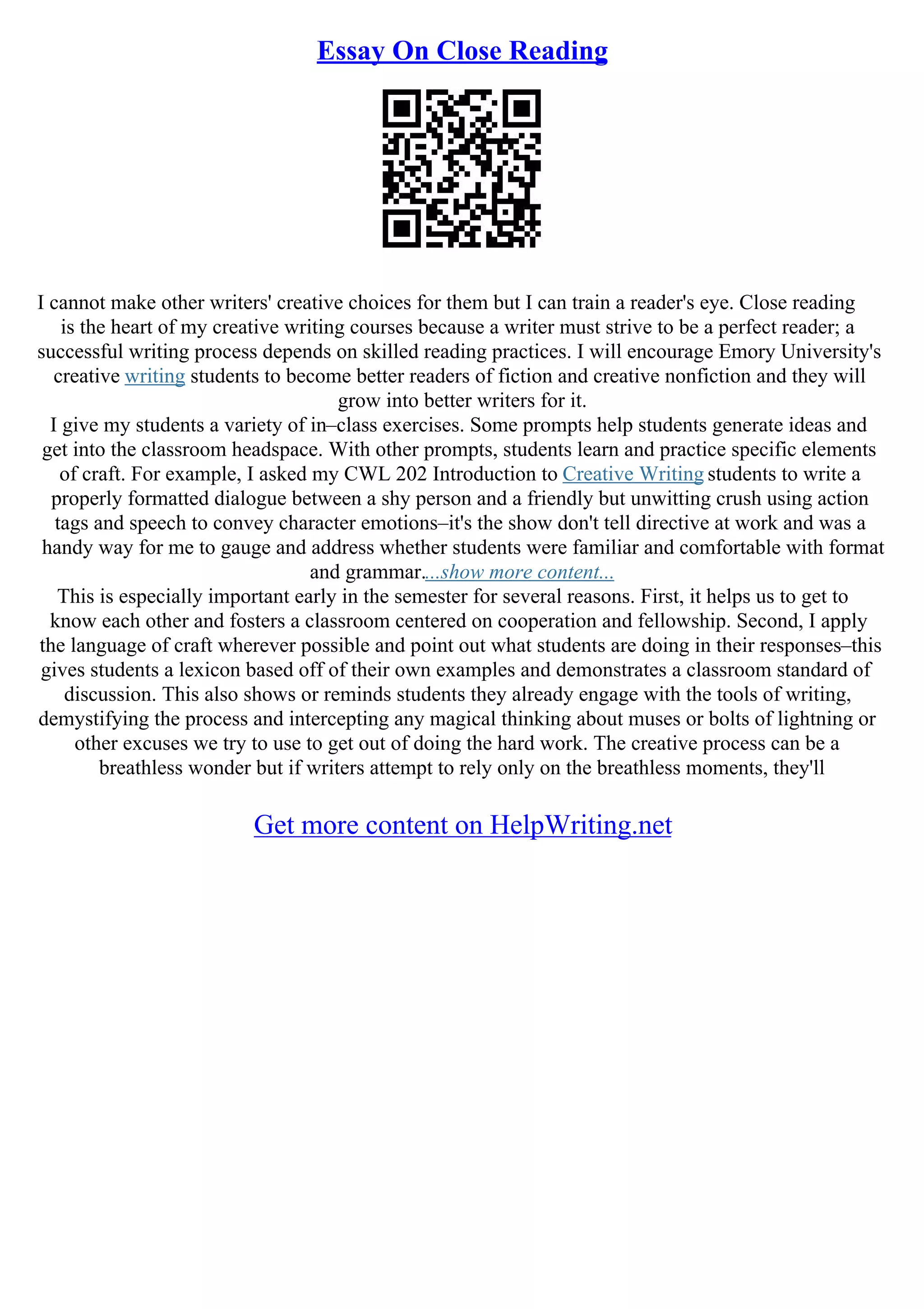 Close Reading Essay Examples | PDF