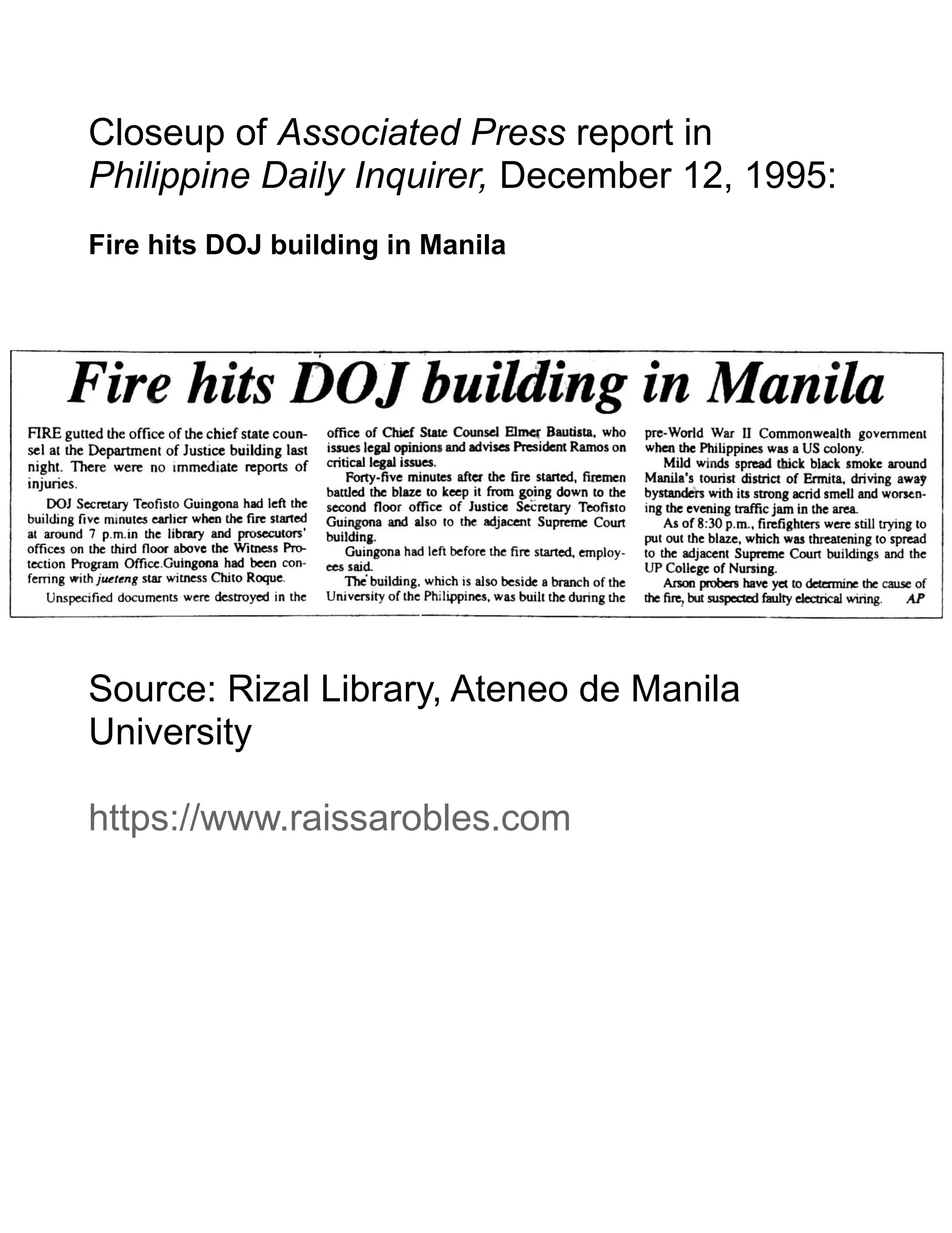 Fire hits DOJ building in Manila in December 1995 | PDF