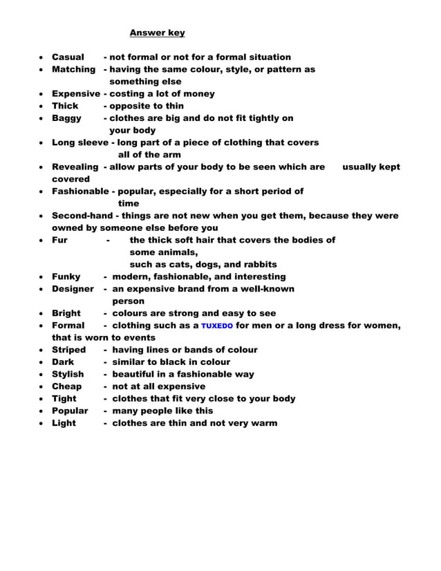 Clothing adjectives matching exercises definitions | PDF