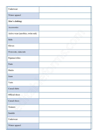 Clothing Inventory Fillable PDF Template | PDF