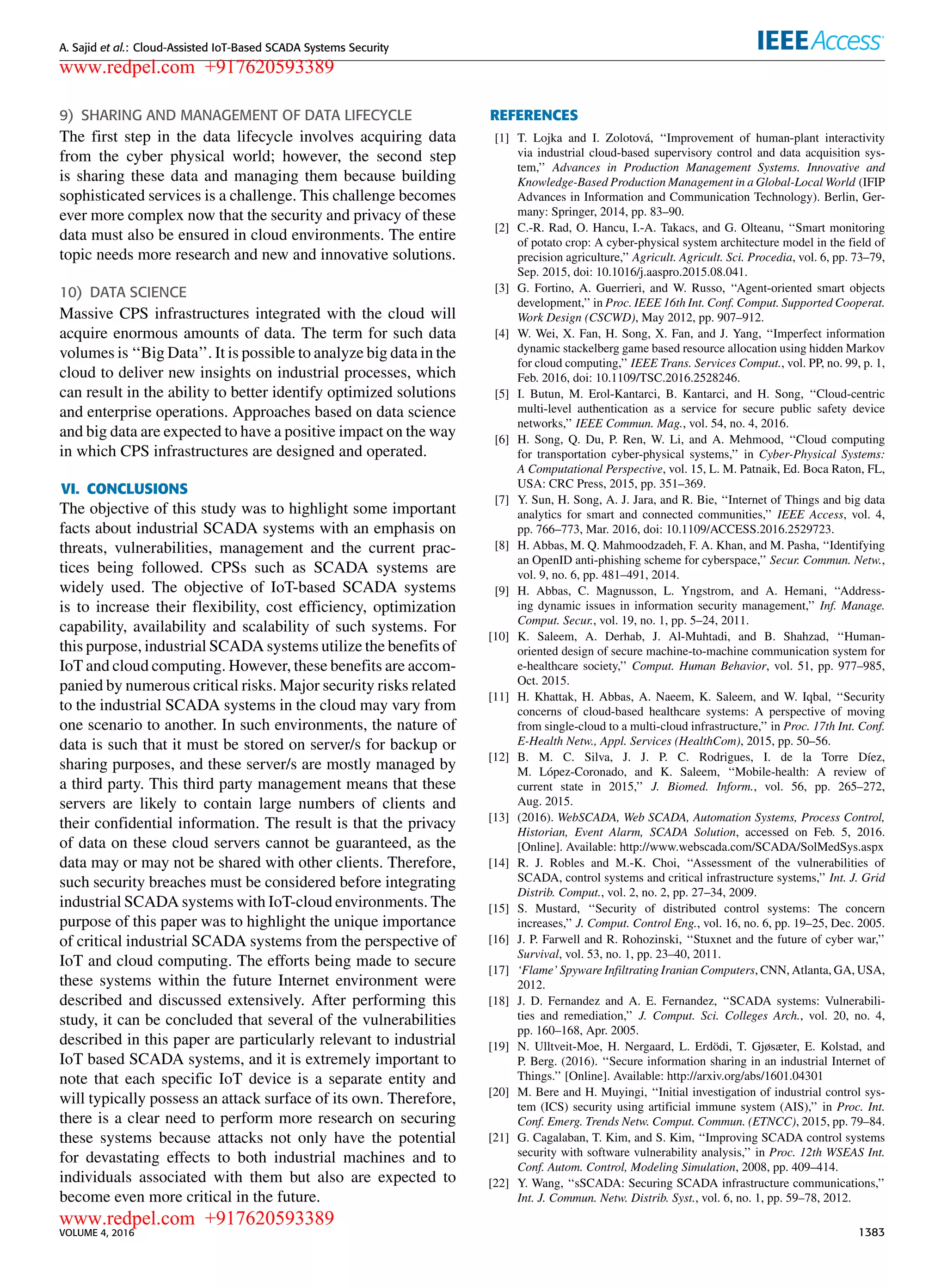 Cloud Assisted Io T Based Scada Systems Security A Review Of The State Of The Art And Future